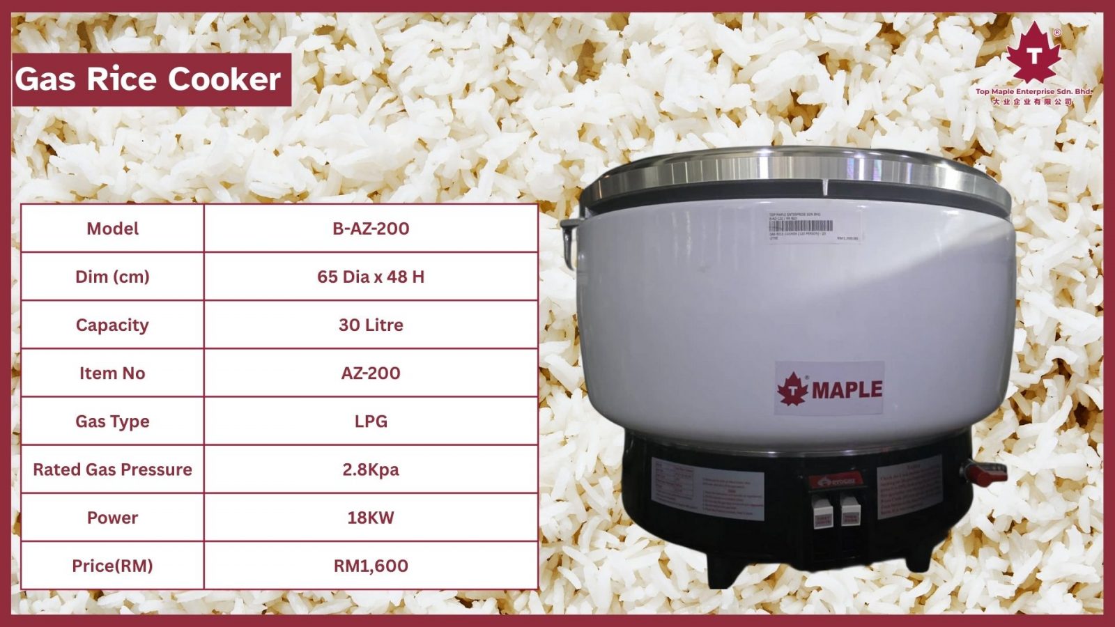 Gas Commercial Rice Cooker 200 Person B-AZ-200 - Top Maple Enterprise ...
